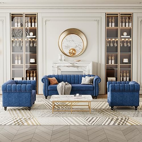 3-Piece Sofa Sets Living Room Sets with Solid Wood legs, Buttoned Tufted Backrest, Frosted Velvet Upholstered Couches Sets Including 3-Seat Sofa, Loveseat and Chair for Living Room (Blue)
