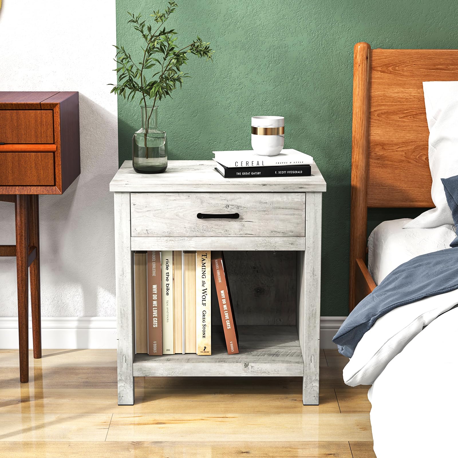 Gyabnw Nightstand Beside End Table for Bedroom, Modern Wood Side Table with Drawer and Storage Shelf, Night Stands for Living Room, Grey