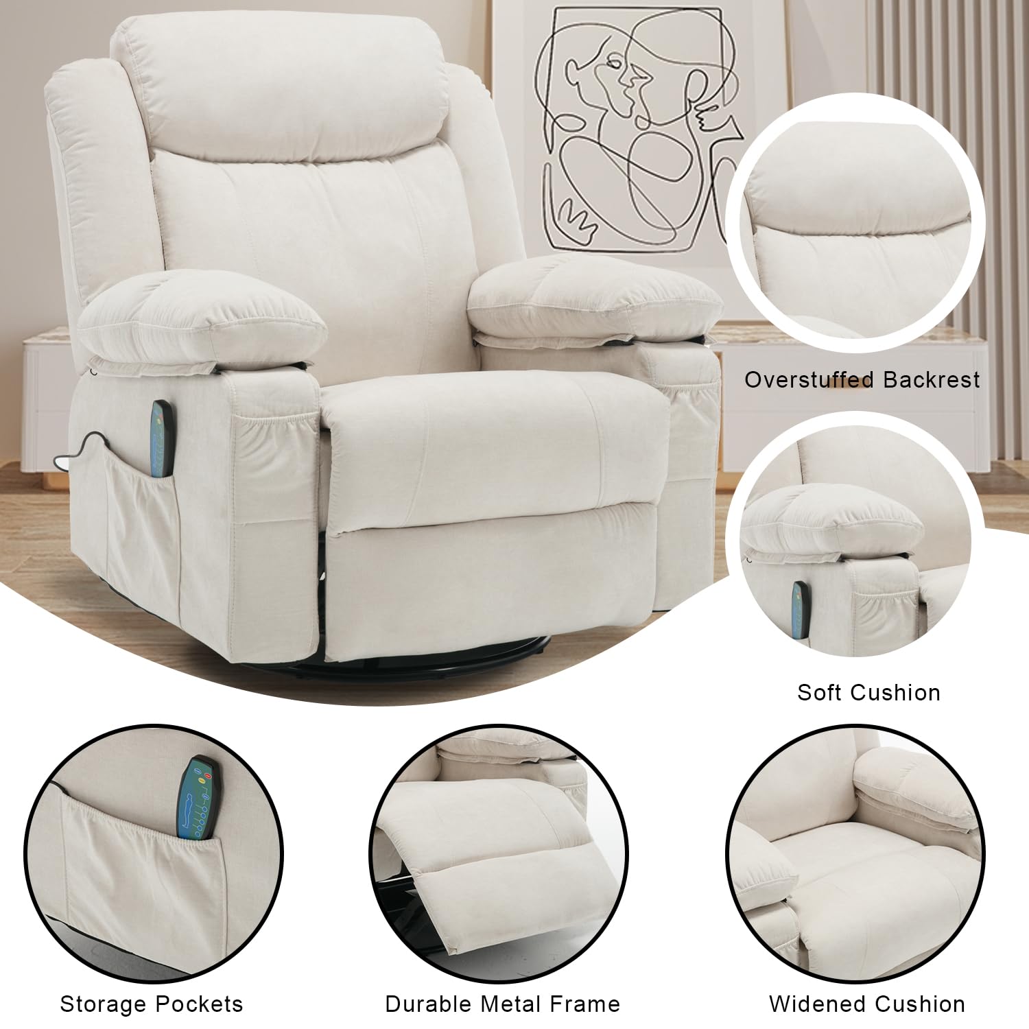 REFFICER Massage Recliner Chairs with Heat, Leather Reclining Chair with Cup Holders, Manual Oversized Rocker Recliner Single Sofa Couch, Overstuffed Theater Seating Recliner for Home Living