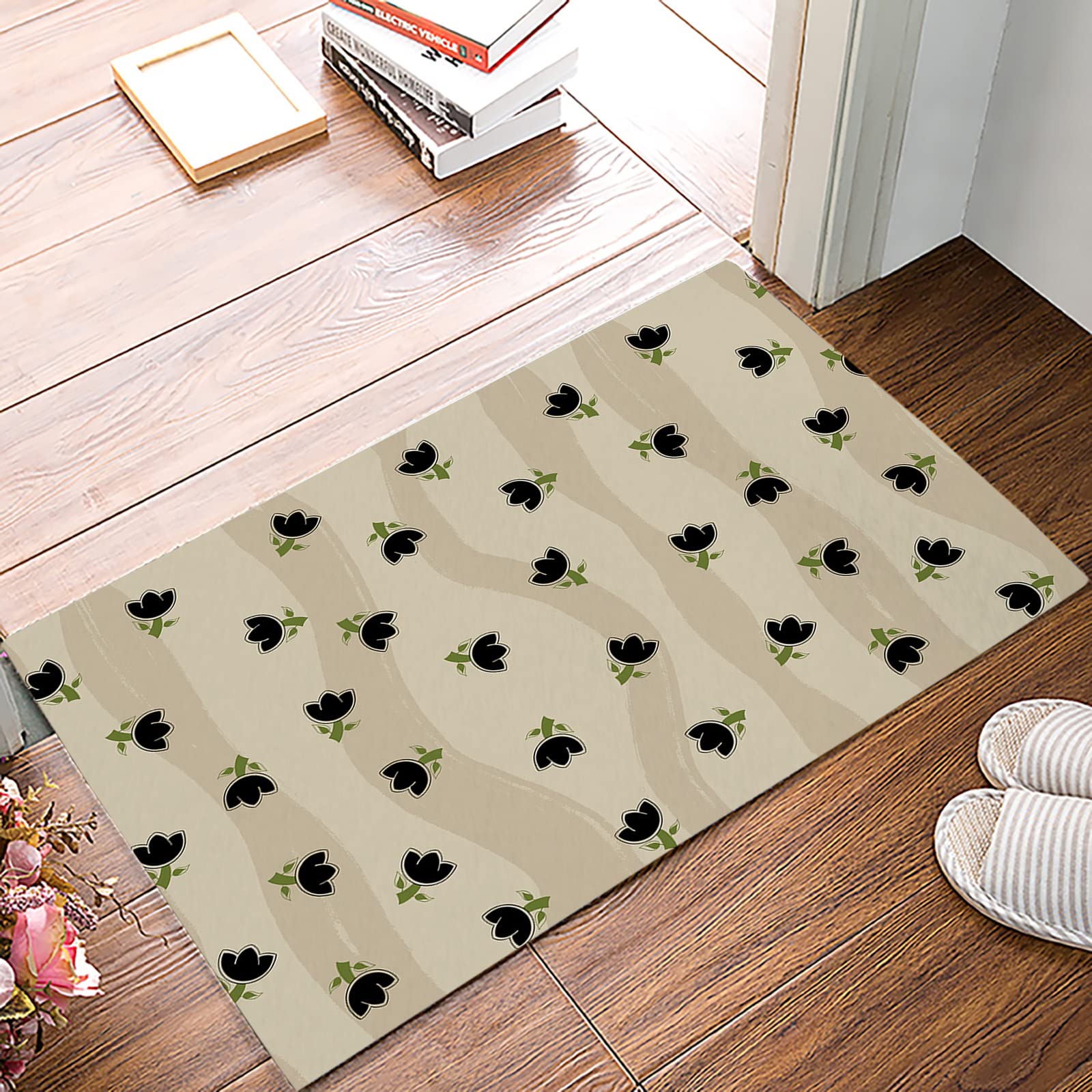 Flower Khaki Simple Tile Entrance Floor Mat Personalized Doormat, Farmhouse Welcome Door Mat, Low Profile Non Slip Entry Rugs for Bathroom Kitchen Home Front Decor, 17x30 Inch