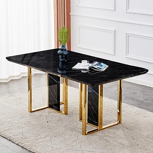 Goderfuu Black Marble Dining Table for 8 People - 71 inch Modern Kitchen Dining Room Table with Gold Base, Faux Marble Dining Table Pedestal Table Dinner Table, Large Marble Table for Dining Room