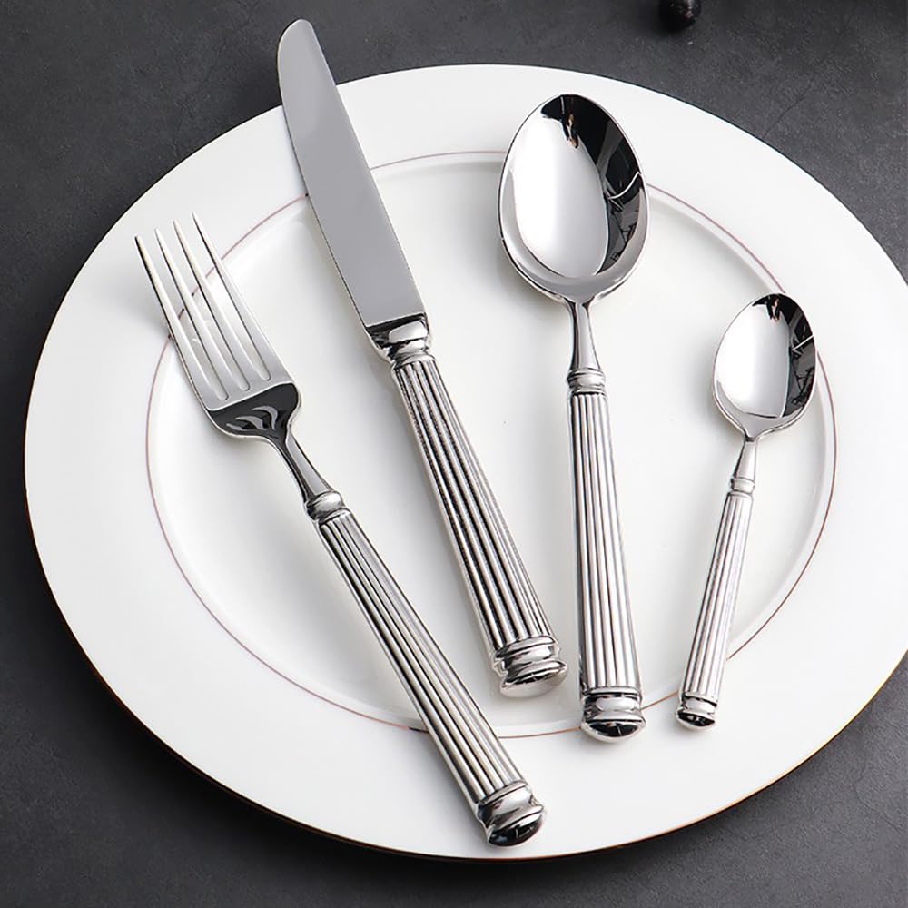 Taiyoko Silverware Set Flatware Stainless Steel Cutlery Striped Mirror Polished Kitchen Utensils Tableware Service with Steak Knives Dinner Fork Knife Spoon