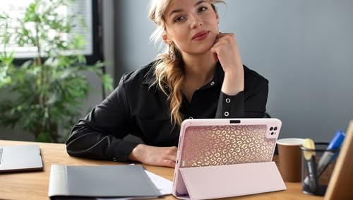 SoFunMoky for iPad Pro 6th/ 5th/ 4th/ 3rd Gen Case 12.9 Inch Cover with Pencil Holder 360 Degree Rotating Stand Glitter Shining Gold Leopard Cheetah Full Protective Auto Wake Sleep Bling, Pink