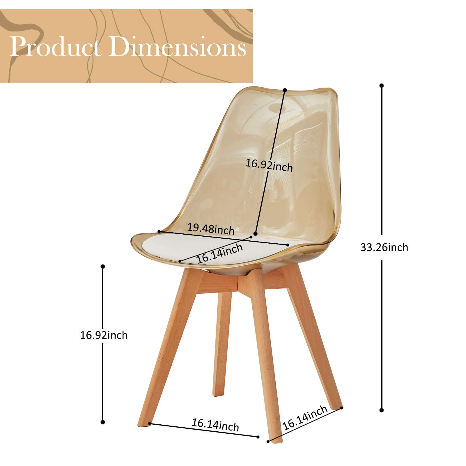 Ailatimogo Dining Chairs Set of 4, Modern Dining Chairs Upholstered, Acrylic Kitchen Dining Room Chairs with Wooden Chairs Legs, High Back Rest-Shell Tulip Chairs for Living Room, Bedroom-Amber