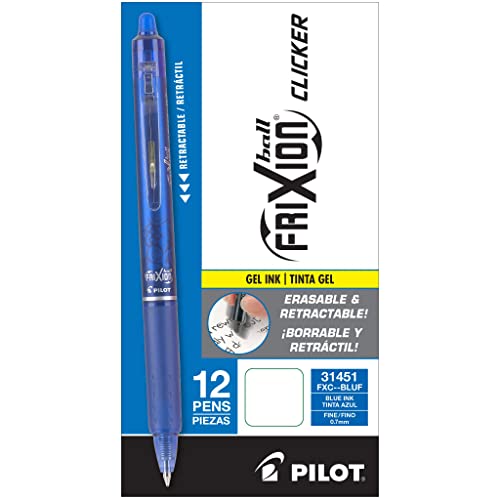 PILOT Pen 31451 FriXion Clicker Erasable, Refillable & Retractable Gel Ink Pens, Fine Point, Blue Ink, 12-Pack