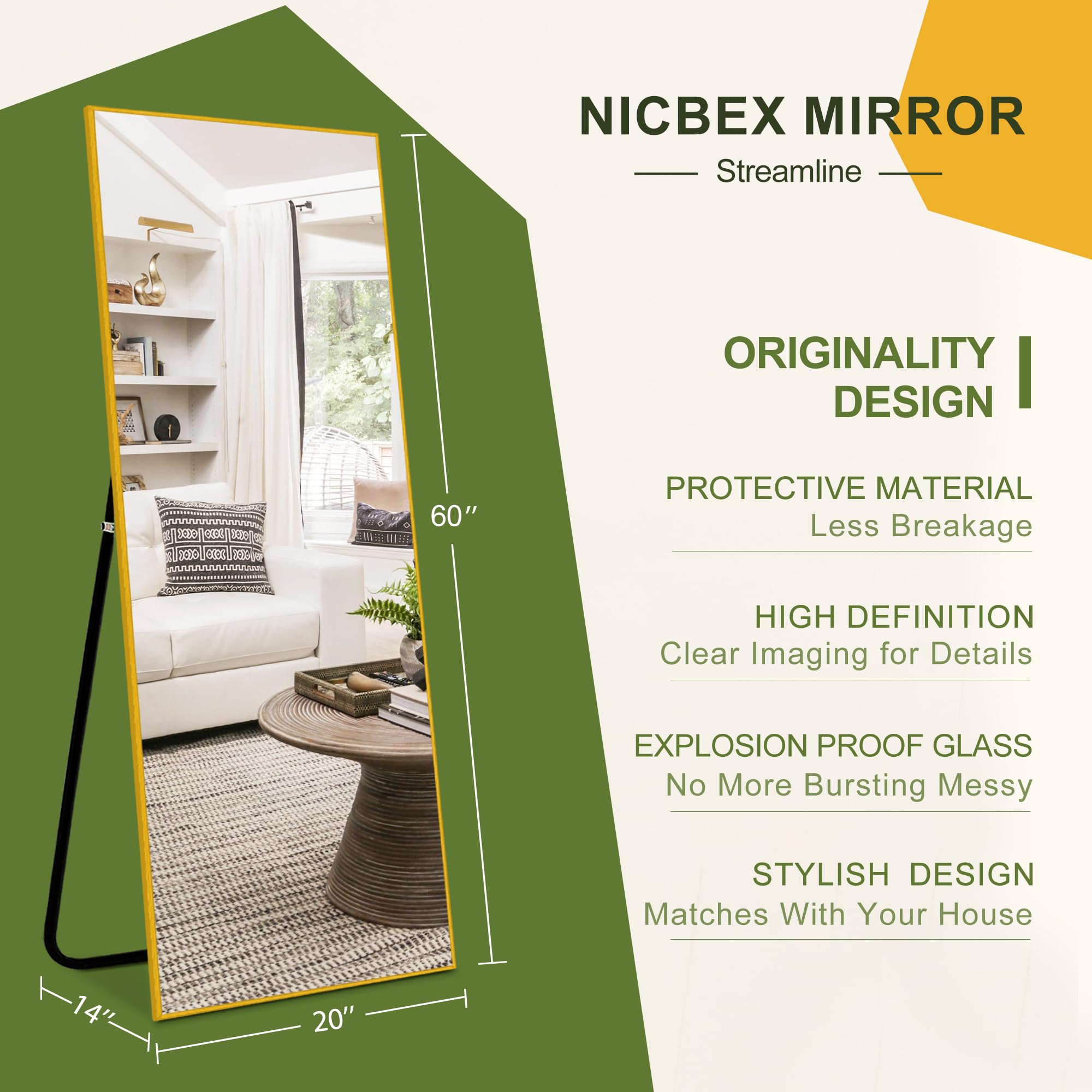NicBex Full Length Mirror, 60" x 20" Wall Mirror Full Length Wall Mounted Mirror Aluminum Alloy Frame Dressing Mirror for Bedroom/Living Room/Dorm Room Floor Mirror with Stand,Gold