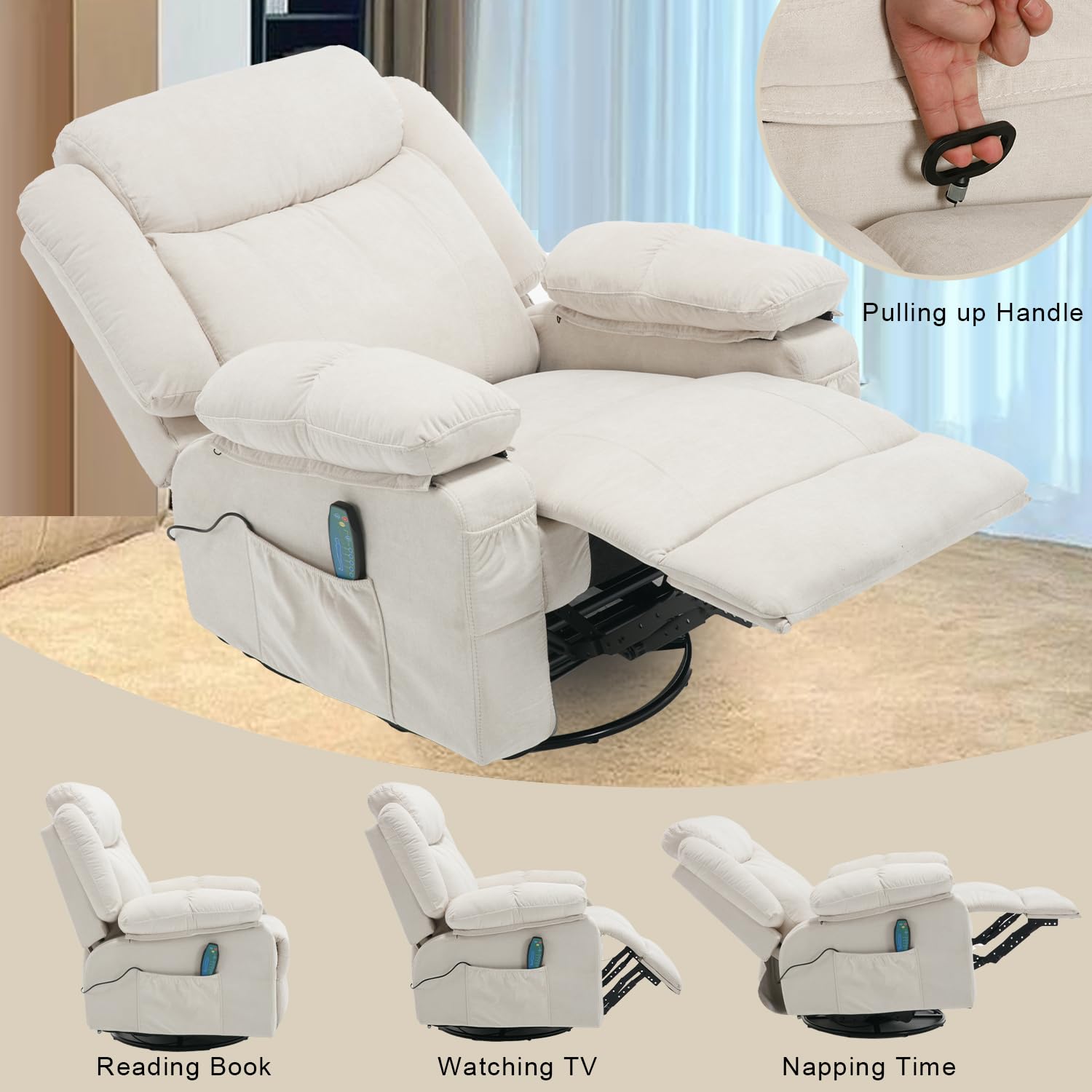 REFFICER Massage Recliner Chairs with Heat, Leather Reclining Chair with Cup Holders, Manual Oversized Rocker Recliner Single Sofa Couch, Overstuffed Theater Seating Recliner for Home Living