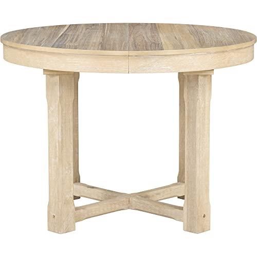FIQHOME 5-Piece, Round to Oval Extendable Butterfly Leaf, Table and 4 Upholstered Chairs with Armrests,Kitchen Dining Set,Natural Wood Wash