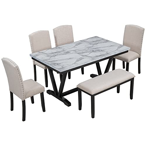 FIQHOME 6-Piece 4 Chairs & 1 Bench, Modern Style Wood Dining Marbled Veneers Tabletop and V-Shaped Table Legs, Kitchen Furniture Set for Family,White