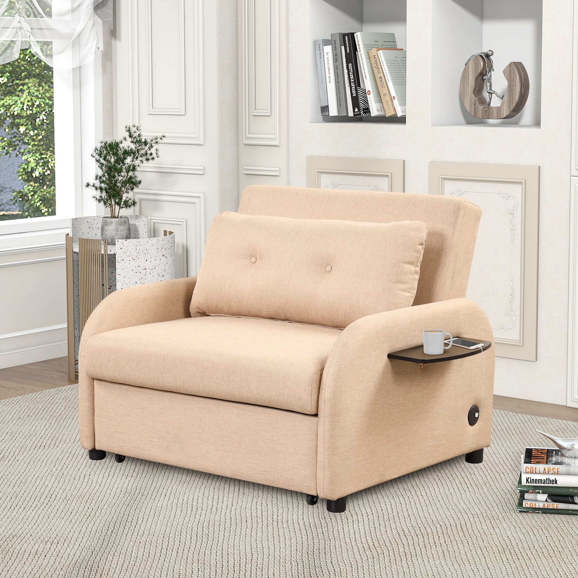 Verfur 3-in-1 Convertible Sofa Bed w/Wing Table and USB Charge, Multi-Functional Velvet Sleeper Futon Couch Pull-Out Sofabed, 41.5'' Loveseat Chaise Lounge for Living Room, Small Space, Beige