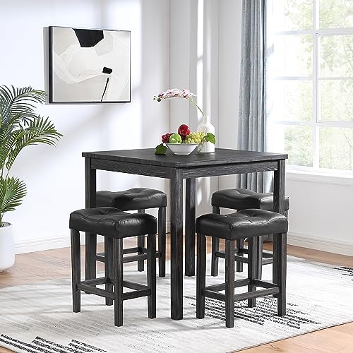 Bar Table and Chairs Set for 4,5 Piece Dining Table Set with PU Stool, Industrial Breakfast Table Set, for Living Room, Dining Room, Game Room,Small Space(Black)