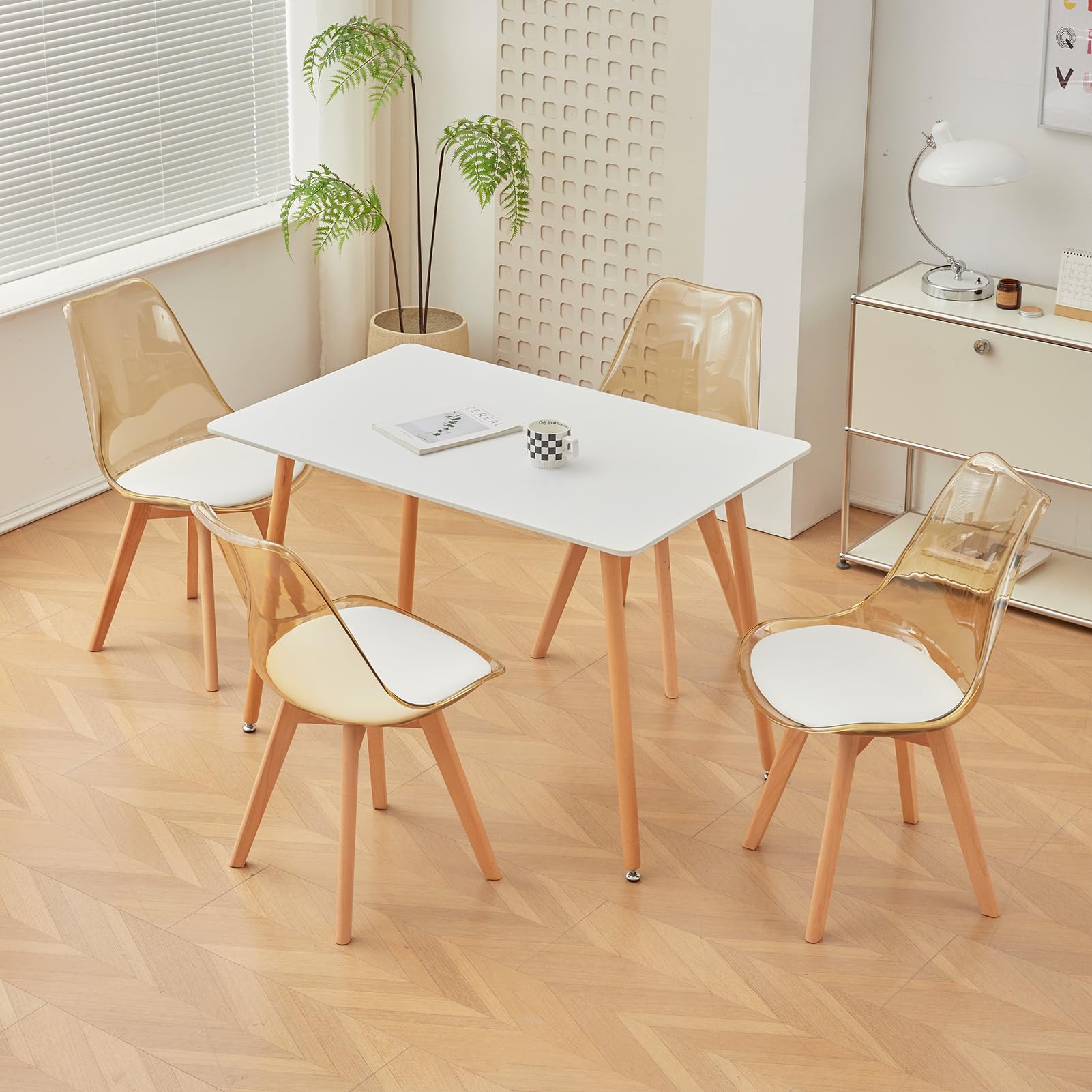 Ailatimogo Dining Chairs Set of 4, Modern Dining Chairs Upholstered, Acrylic Kitchen Dining Room Chairs with Wooden Chairs Legs, High Back Rest-Shell Tulip Chairs for Living Room, Bedroom-Amber