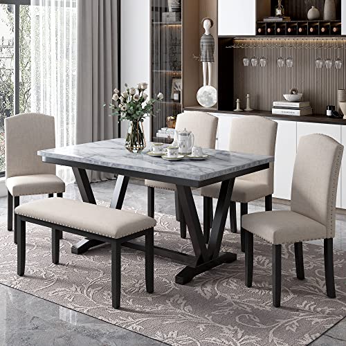 FIQHOME 6-Piece 4 Chairs & 1 Bench, Modern Style Wood Dining Marbled Veneers Tabletop and V-Shaped Table Legs, Kitchen Furniture Set for Family,White