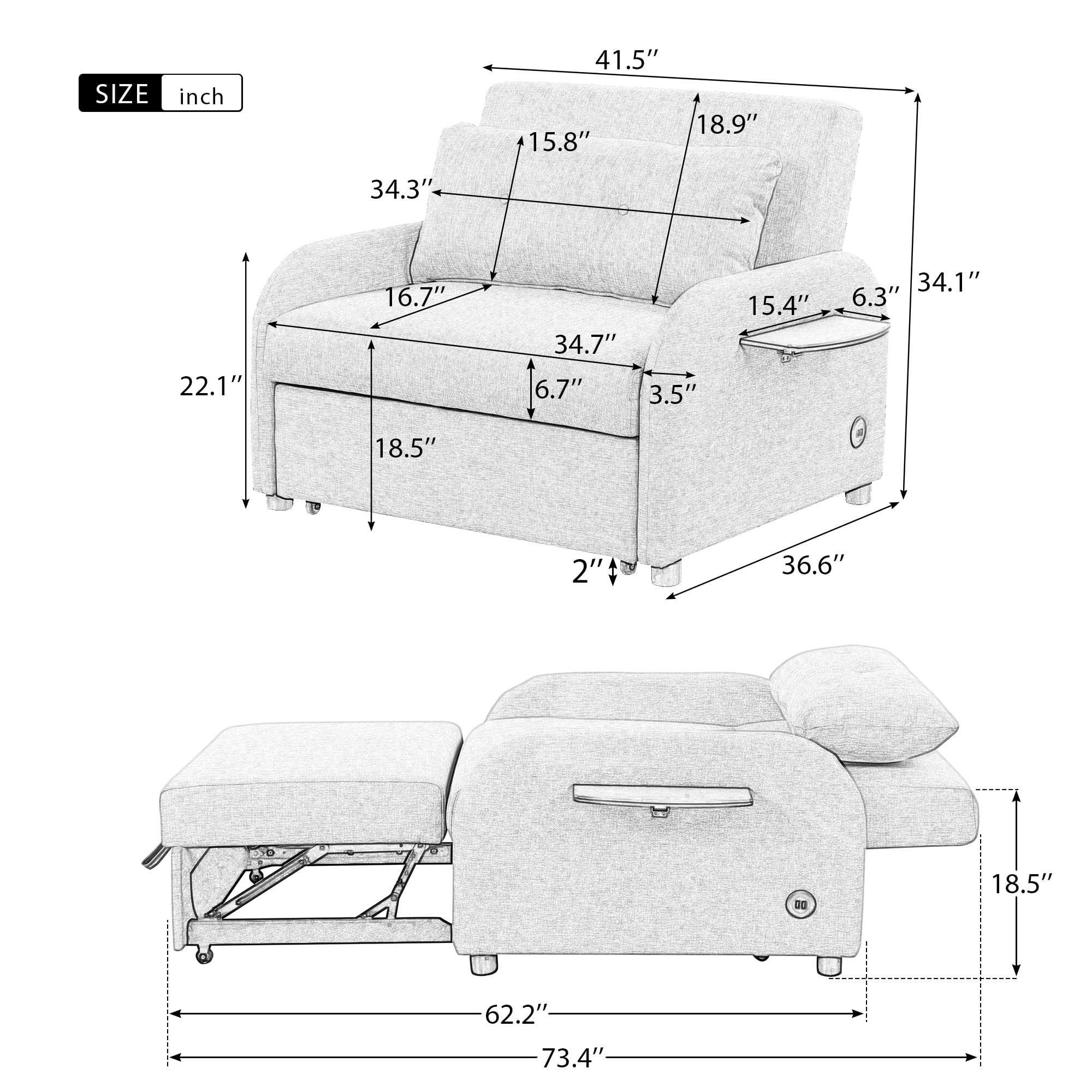 Verfur 3-in-1 Convertible Sofa Bed w/Wing Table and USB Charge, Multi-Functional Velvet Sleeper Futon Couch Pull-Out Sofabed, 41.5'' Loveseat Chaise Lounge for Living Room, Small Space, Beige