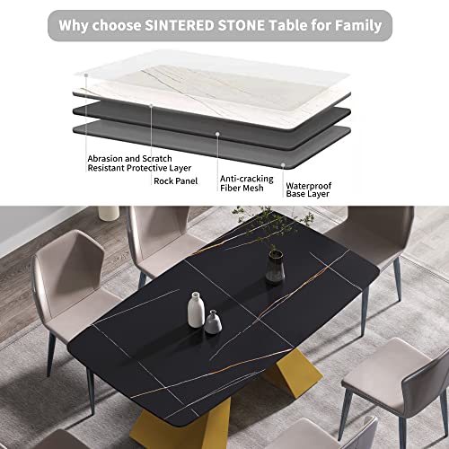 Modern Kitchen Dining Table, 63" Rectangular Sintered Stone Tabletop Dining Table with Gold Carbon Steel Table Legs, Kitchen Table Dining Room Table for Dining Room Living Room, Black(Without Chairs)