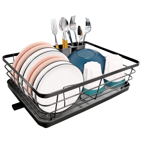 Ecomerr Dish Drying Rack for Kitchen Counter and Tabletop-Rust Proof Stainless Steel Dish Drainer with Drying Board and Removable Utensil Holder-Black Dish Rack with Drainboard 15.5βx11.4βx5.3β