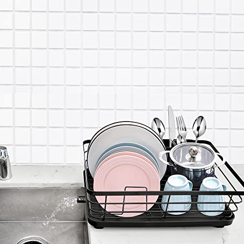 Ecomerr Dish Drying Rack for Kitchen Counter and Tabletop-Rust Proof Stainless Steel Dish Drainer with Drying Board and Removable Utensil Holder-Black Dish Rack with Drainboard 15.5βx11.4βx5.3β