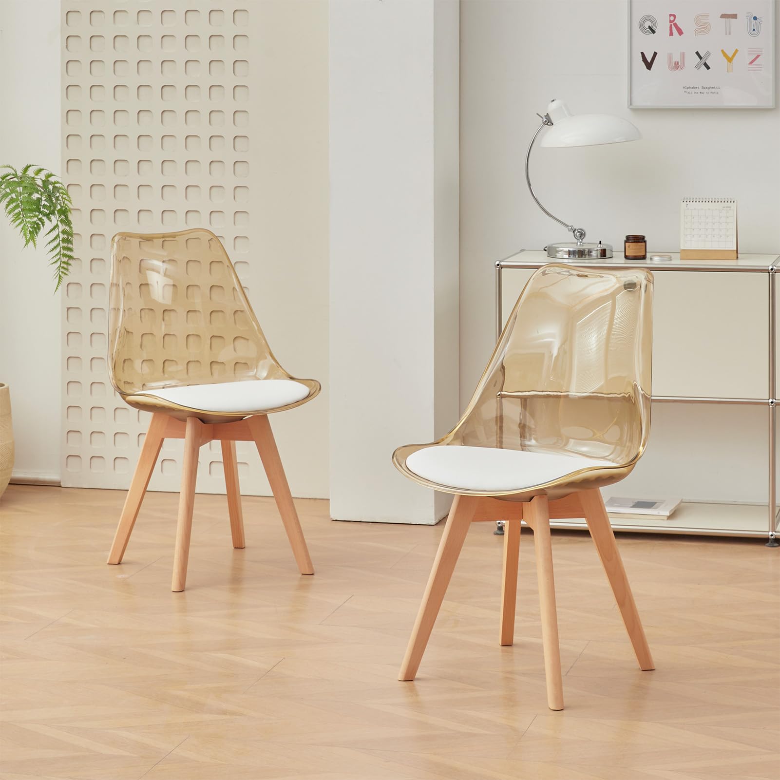 Ailatimogo Dining Chairs Set of 4, Modern Dining Chairs Upholstered, Acrylic Kitchen Dining Room Chairs with Wooden Chairs Legs, High Back Rest-Shell Tulip Chairs for Living Room, Bedroom-Amber