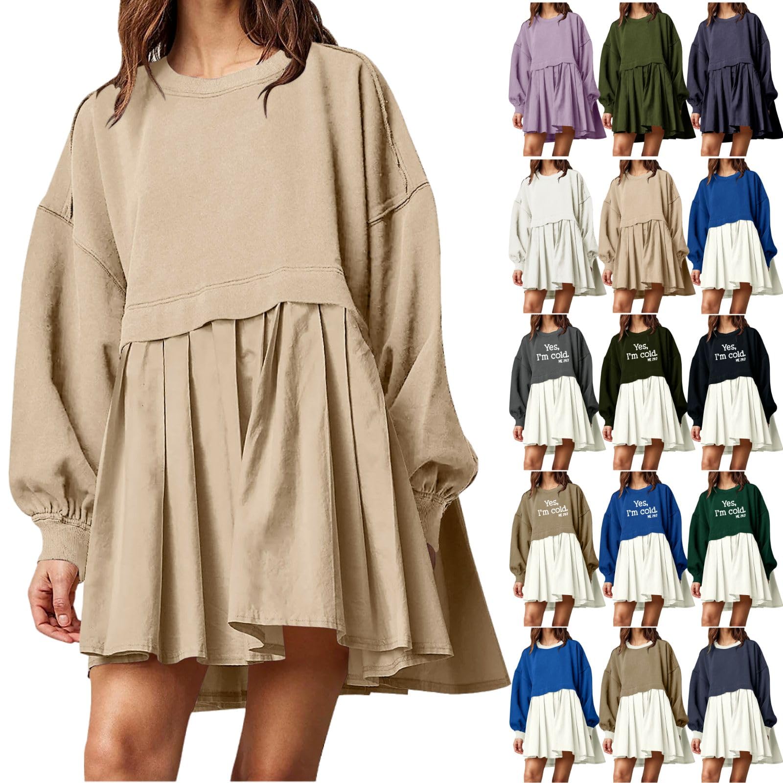 MFNDVD Orders Placed by me Women's Plus Size Sweatshirt Dress Crewneck Long Sleeve Pullover Patchwork Dress Short Fall Clothes Trendy 2025 Beige Dress for Women X-Large
