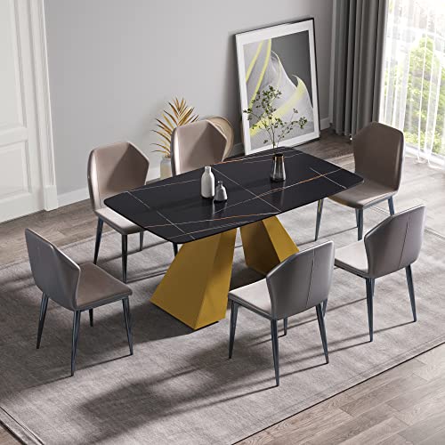 Modern Kitchen Dining Table, 63" Rectangular Sintered Stone Tabletop Dining Table with Gold Carbon Steel Table Legs, Kitchen Table Dining Room Table for Dining Room Living Room, Black(Without Chairs)