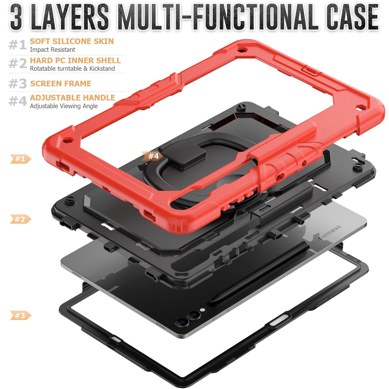 Cover Case Heavy Duty Shockproof TPU Case Compatible with Samsung Galaxy Tab S9 Ultra 14.6 Inch 2023 (SM-X910/X916B/X918U) Kids Case,360 Degree Rotating Handle Stand Bracket W Screen Protector+Shoulde