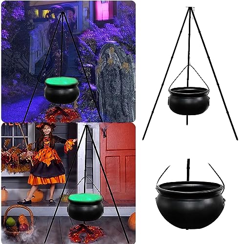 Outdoor Halloween Decorations - Large Witches Cauldron on Tripod with LED Light，Black Plastic Bowl Candy Bucket Halloween Decor for Lawn Garden Yard Home Porch Decorations