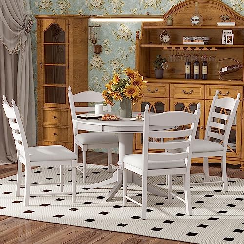 HAUSHECK Round 4-Extendable Table and Upholstered Chairs, Soft Padded Cushion, Modern Multifunctional Rustic Style Home Furniture, 5-Pieces Kitchen & Dining Room Sets, Antique White