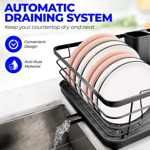 Ecomerr Dish Drying Rack for Kitchen Counter and Tabletop-Rust Proof Stainless Steel Dish Drainer with Drying Board and Removable Utensil Holder-Black Dish Rack with Drainboard 15.5βx11.4βx5.3β