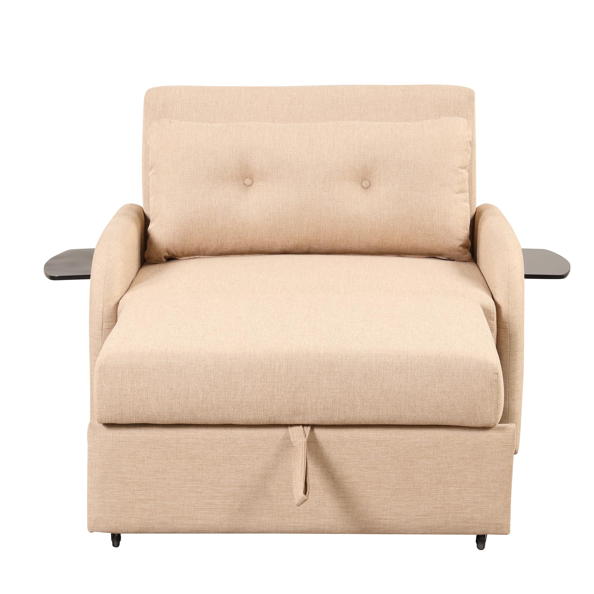 Verfur 3-in-1 Convertible Sofa Bed w/Wing Table and USB Charge, Multi-Functional Velvet Sleeper Futon Couch Pull-Out Sofabed, 41.5'' Loveseat Chaise Lounge for Living Room, Small Space, Beige