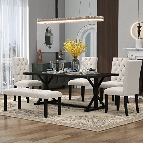 Goohome 6-Piece Farmhouse Kitchen Dining Set, Mid-Century Wood Rectangular Table, 4 Flannelette Upholstered Chairs and Bench Family Furniture, for Home, Apartment, Espresso