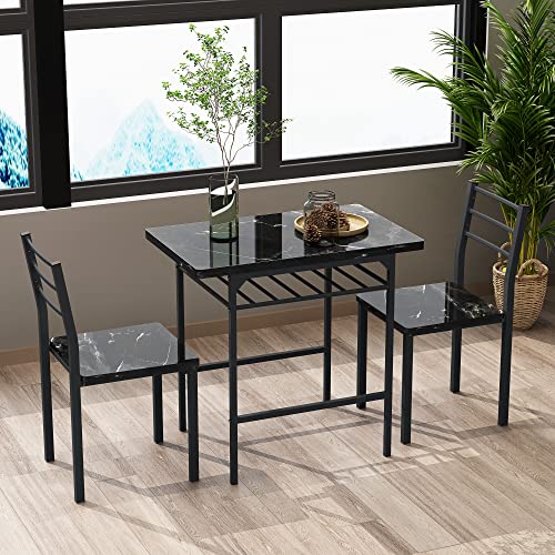 3-Piece Dining Table Set for 2, Small Kitchen Table with 2 Chairs and Storage Rack, Modern Faux Marble Dining Room Table Set Industrial Design for Small Space, Breakfast Table Set, 31.5in Black