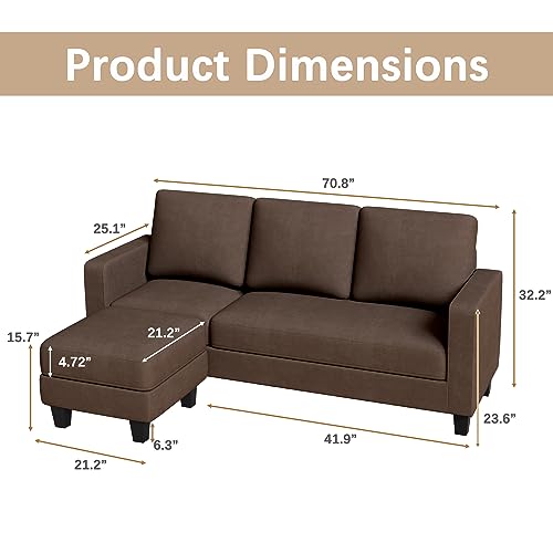 Furniwell Convertible Sectional Sofa Couch, L Shaped 3-Seat Small Couch for Living Room with Ottoman Modern Fabric Reversible Chaise for Apartment and Small Space (Brown)