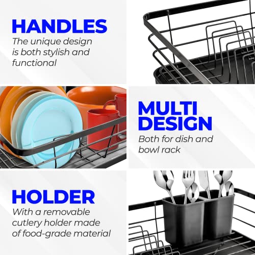 Ecomerr Dish Drying Rack for Kitchen Counter and Tabletop-Rust Proof Stainless Steel Dish Drainer with Drying Board and Removable Utensil Holder-Black Dish Rack with Drainboard 15.5βx11.4βx5.3β