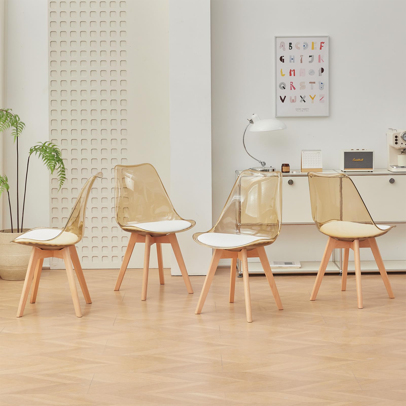 Ailatimogo Dining Chairs Set of 4, Modern Dining Chairs Upholstered, Acrylic Kitchen Dining Room Chairs with Wooden Chairs Legs, High Back Rest-Shell Tulip Chairs for Living Room, Bedroom-Amber