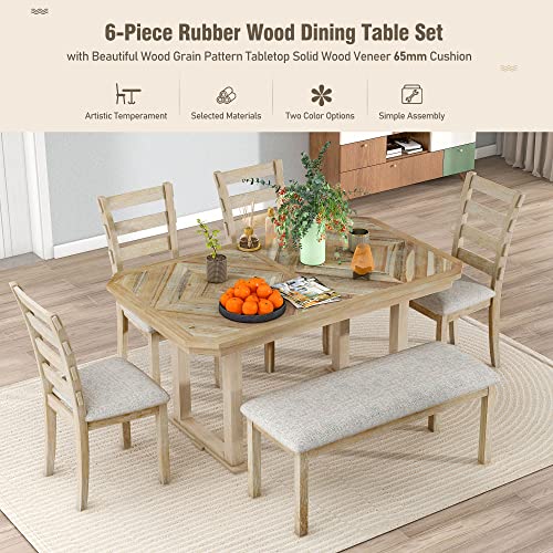 Goohome 6-Piece Rubber Dining Table Set, with Beautiful Grain Pattern Tabletop Solid Veneer and Soft Cushion, Bench Family Furniture for Home, Apartment, Kitchen, Natural Wood Wash