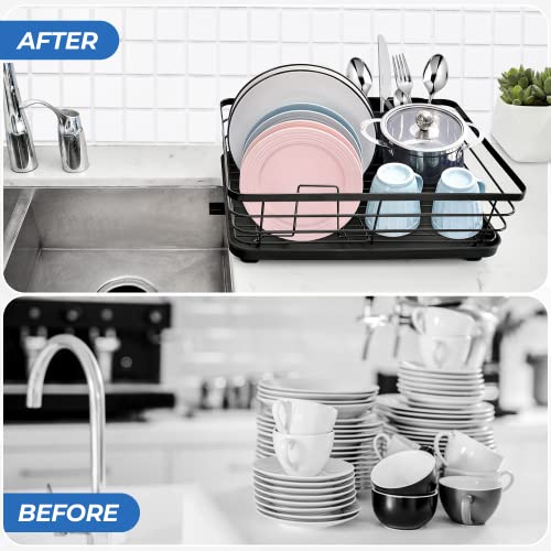 Ecomerr Dish Drying Rack for Kitchen Counter and Tabletop-Rust Proof Stainless Steel Dish Drainer with Drying Board and Removable Utensil Holder-Black Dish Rack with Drainboard 15.5βx11.4βx5.3β