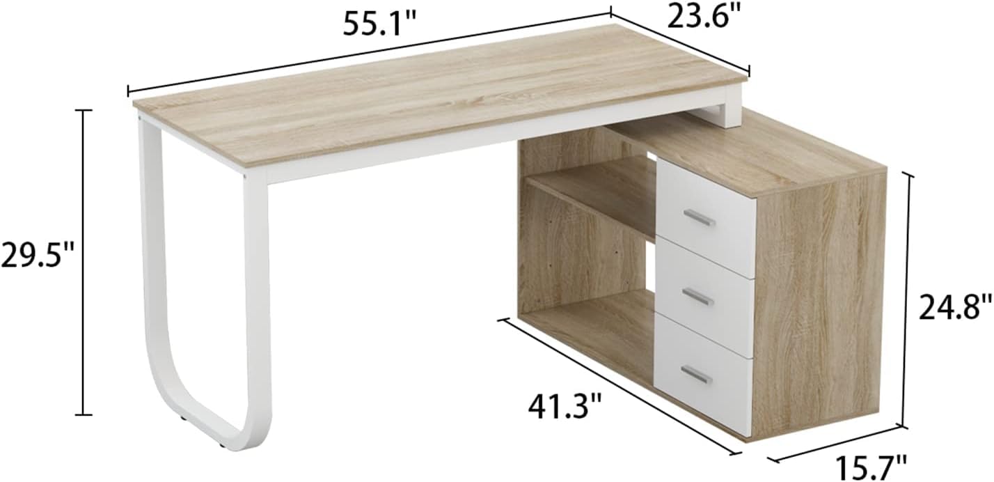 Computer Desk for Home and Office Corner Desk with 3 Drawers and 2 Shelves, 55 Inch Large L-Shaped Computer Disk and Writing Table - Walnut