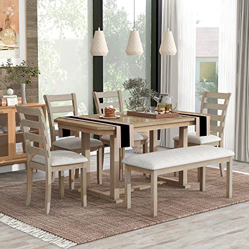 Goohome 6-Piece Rubber Dining Table Set, with Beautiful Grain Pattern Tabletop Solid Veneer and Soft Cushion, Bench Family Furniture for Home, Apartment, Kitchen, Natural Wood Wash