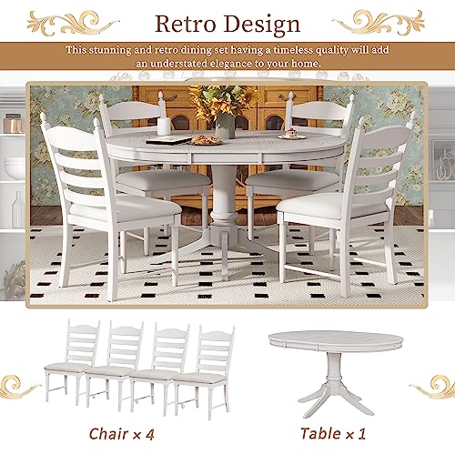 HAUSHECK Round 4-Extendable Table and Upholstered Chairs, Soft Padded Cushion, Modern Multifunctional Rustic Style Home Furniture, 5-Pieces Kitchen & Dining Room Sets, Antique White