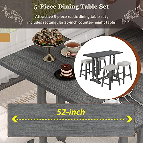 FIQHOME 5-Piece, Counter Height Furniture with Rectangular 4 Upholstered Stools, Rustic Style Table Set for Kitchen, Dining Room,Gray