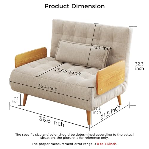 JASIWAY 3-in-1 Convertible Chair Bed Sleeper for Adults, Linen Convertable Sleeper Chair with Wooden Arms & Pillows, Foldable Single Futon Sofa Bed for Small Spaces, Mid Century, 76.6" D x 36.6" W
