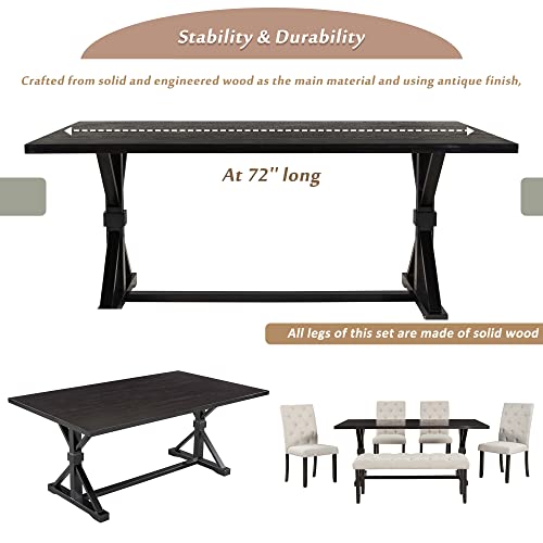 Goohome 6-Piece Farmhouse Kitchen Dining Set, Mid-Century Wood Rectangular Table, 4 Flannelette Upholstered Chairs and Bench Family Furniture, for Home, Apartment, Espresso