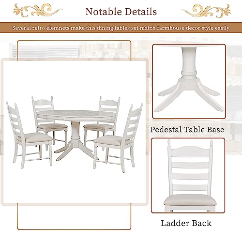 HAUSHECK Round 4-Extendable Table and Upholstered Chairs, Soft Padded Cushion, Modern Multifunctional Rustic Style Home Furniture, 5-Pieces Kitchen & Dining Room Sets, Antique White