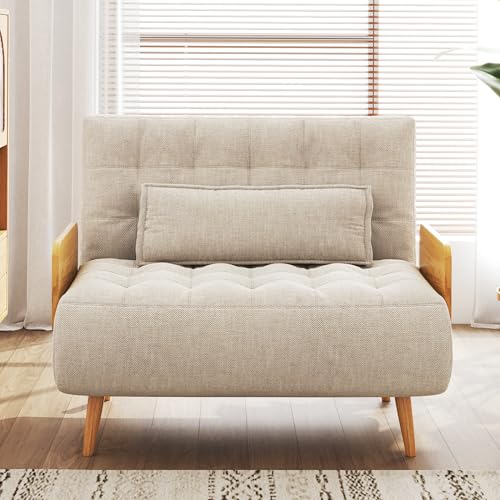 JASIWAY 3-in-1 Convertible Chair Bed Sleeper for Adults, Linen Convertable Sleeper Chair with Wooden Arms & Pillows, Foldable Single Futon Sofa Bed for Small Spaces, Mid Century, 76.6" D x 36.6" W