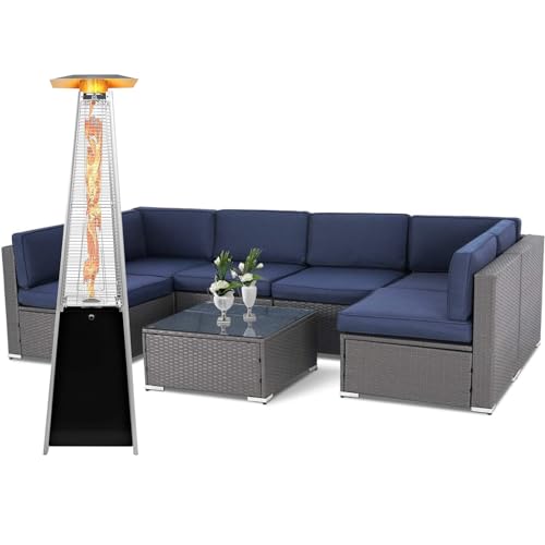 Betterland 7 Piece Outdoor Sectional Sofa Patio Furniture Set, All-Weather PE Grey Wicker Patio Conversation Set with Washable Cushion and Glass Table,Outdoor Propane Heater(Dark Blue Cushions)