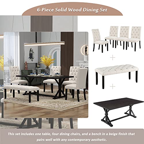 Goohome 6-Piece Farmhouse Kitchen Dining Set, Mid-Century Wood Rectangular Table, 4 Flannelette Upholstered Chairs and Bench Family Furniture, for Home, Apartment, Espresso