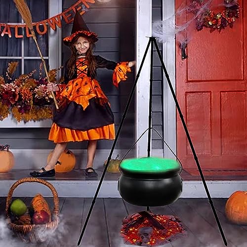Outdoor Halloween Decorations - Large Witches Cauldron on Tripod with LED Light，Black Plastic Bowl Candy Bucket Halloween Decor for Lawn Garden Yard Home Porch Decorations