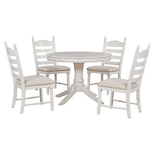 HAUSHECK Round 4-Extendable Table and Upholstered Chairs, Soft Padded Cushion, Modern Multifunctional Rustic Style Home Furniture, 5-Pieces Kitchen & Dining Room Sets, Antique White