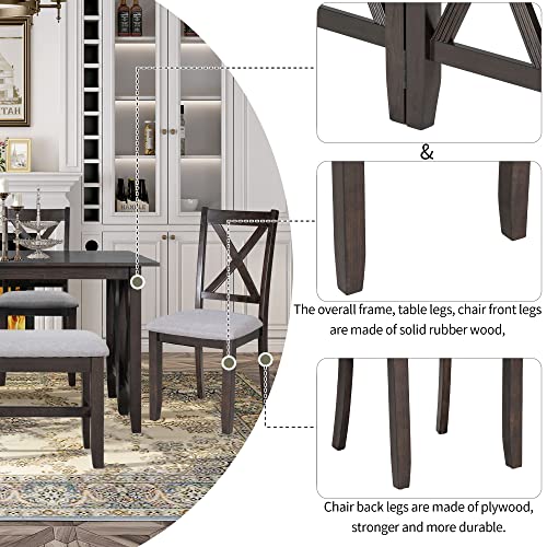 FIQHOME 6 Piece Set, Rustic Farmhouse Dining Room Foldable Table with 4 Upholstered Chairs and Bench, Solid Wood Kitchen Persons,Espresso