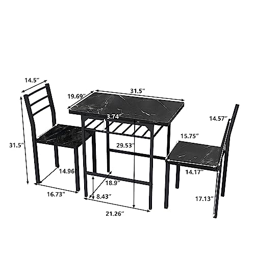 3-Piece Dining Table Set for 2, Small Kitchen Table with 2 Chairs and Storage Rack, Modern Faux Marble Dining Room Table Set Industrial Design for Small Space, Breakfast Table Set, 31.5in Black